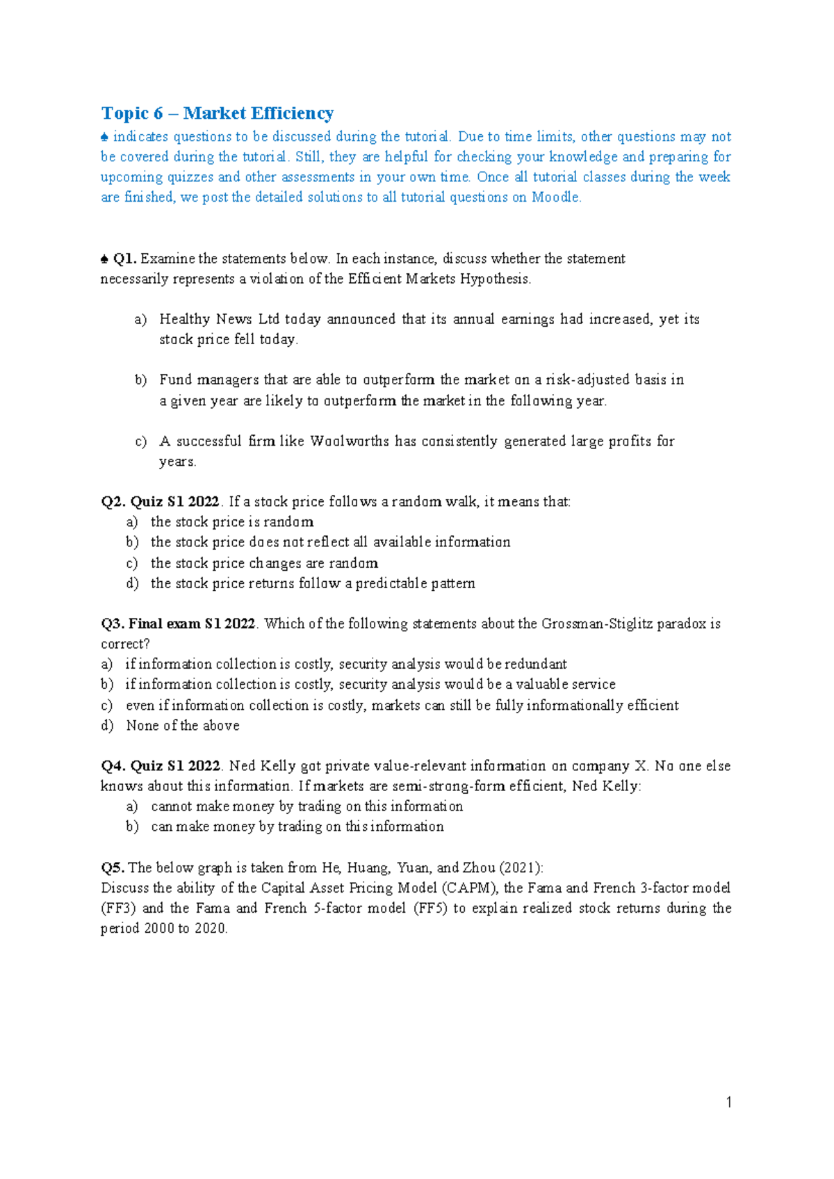 Tute 6 Qs Tutorial 6 Questions Topic 6 тау Market Efficiency тща