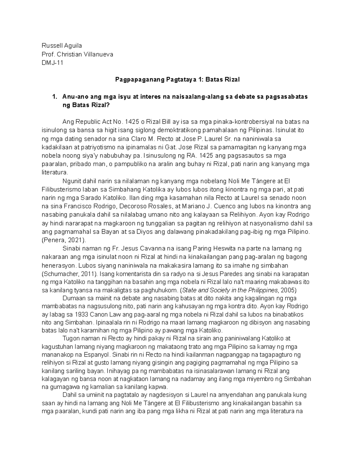 Pagpapaganang Pagtataya 1 Batas Rizal - Russell Aguila Prof. Christian ...