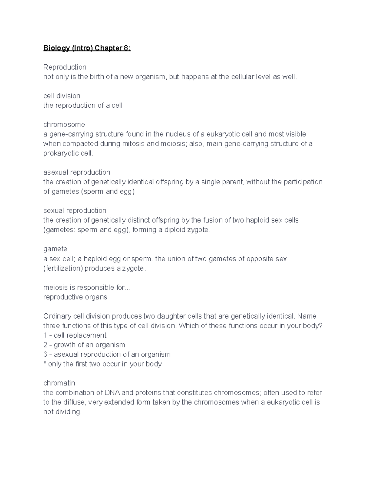 Biology (Intro) Chapter 8 - cell division the reproduction of a cell chromosome a gene-carrying ...