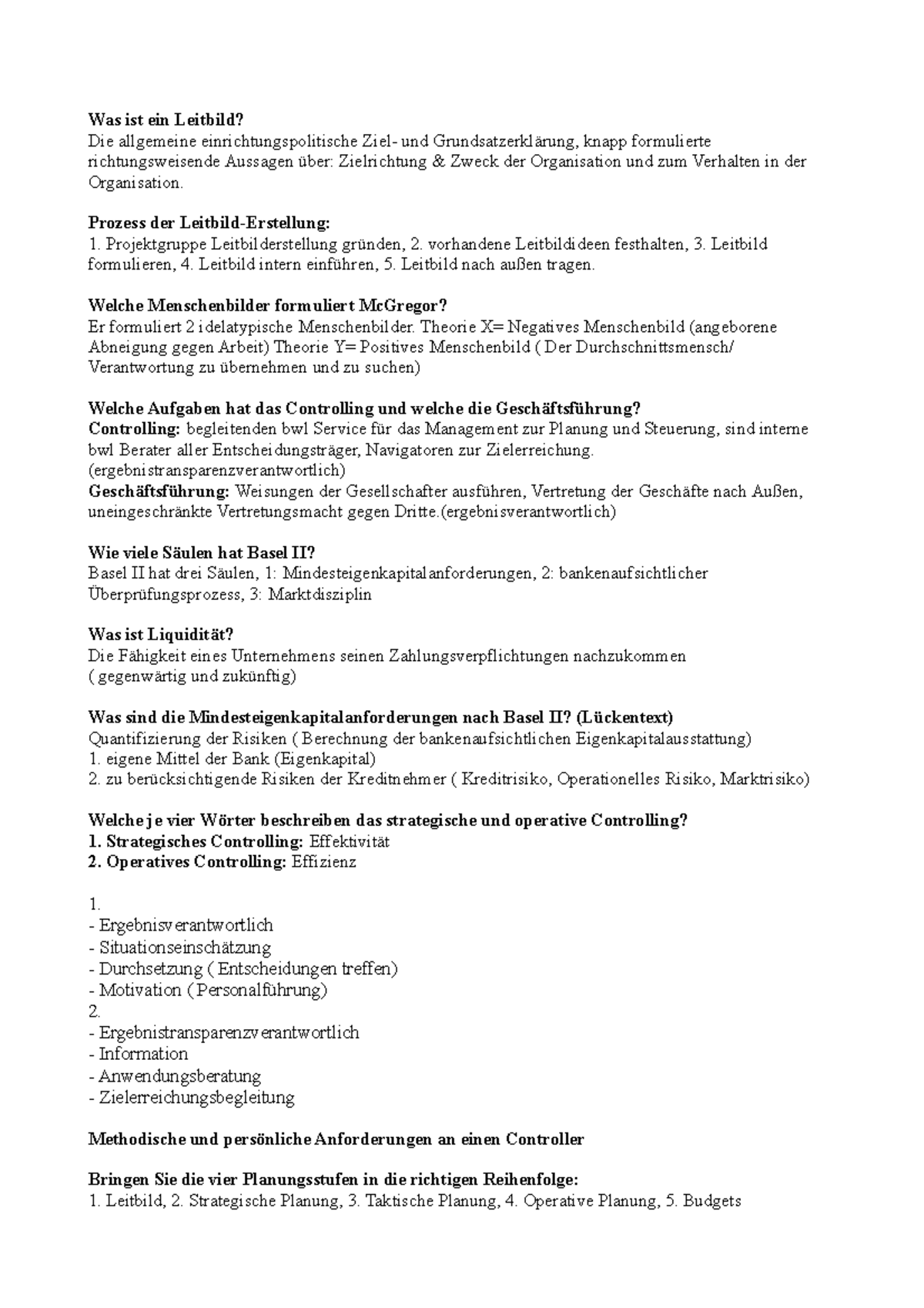 Klausur Sommersemester 2016, Fragen und Antworten - Was ist ein Leitbild? Die allgemeine - Studocu