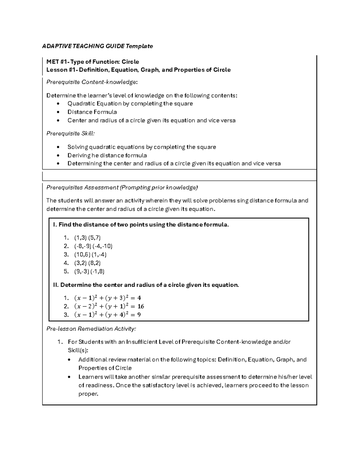 Precal ATG MET1 Lesson 1 - ADAPTIVE TEACHING GUIDE Template MET # 1 ...