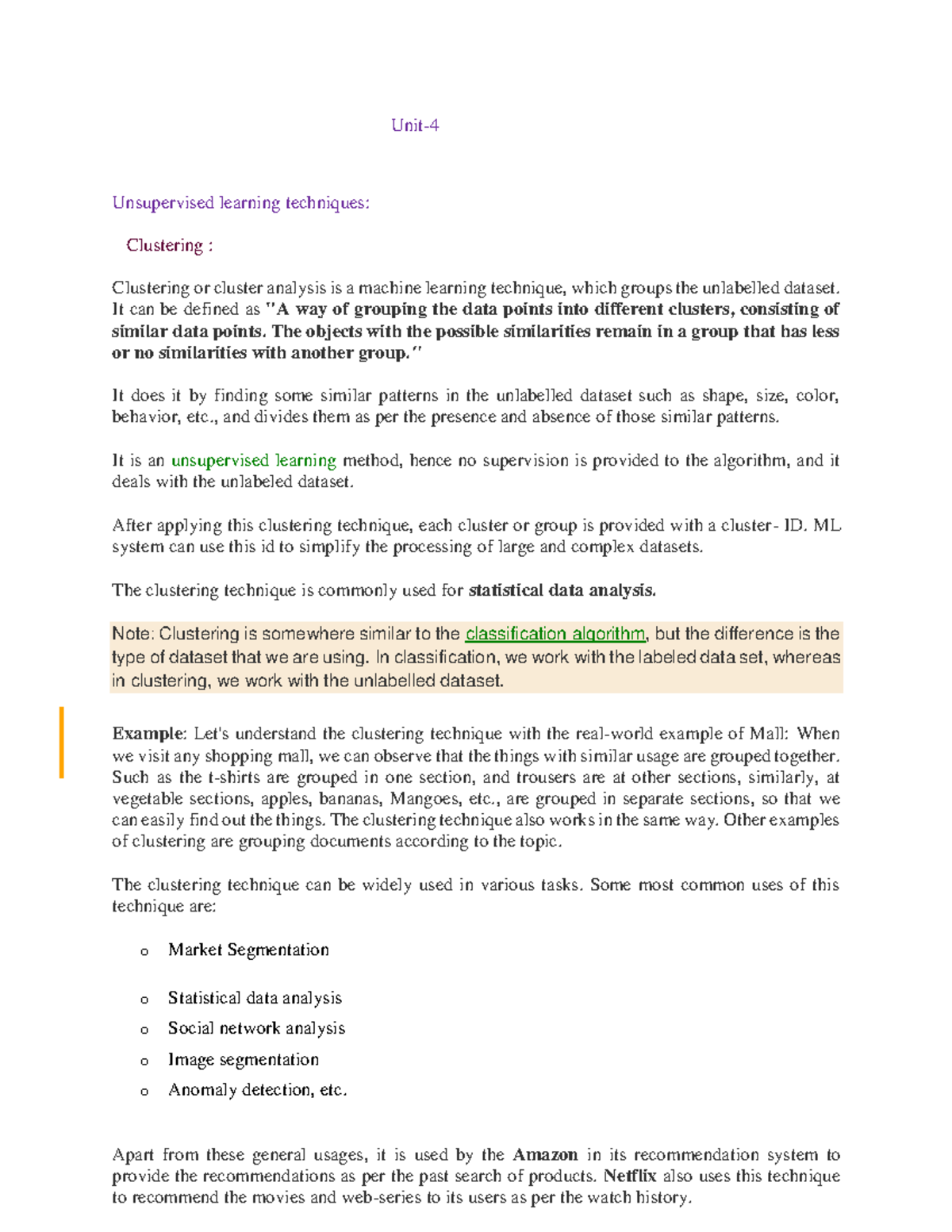 Unit 4ml Machine Learning Unit 4 Jntuk R20 Unit 4 Unsupervised Learning Techniques