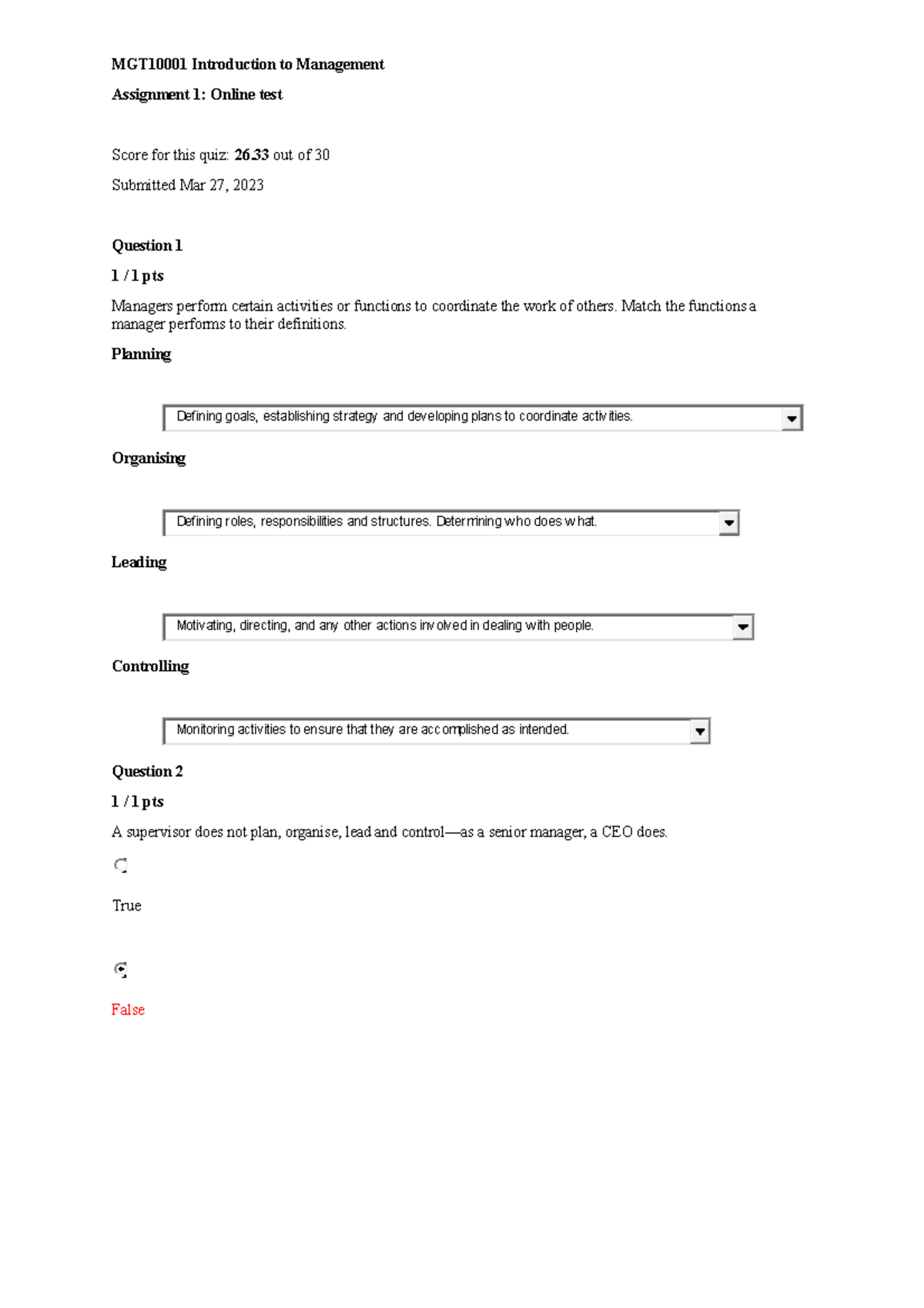 Assignment 1 - QUIZ Online test - 26% - MGT10001 Introduction to ...