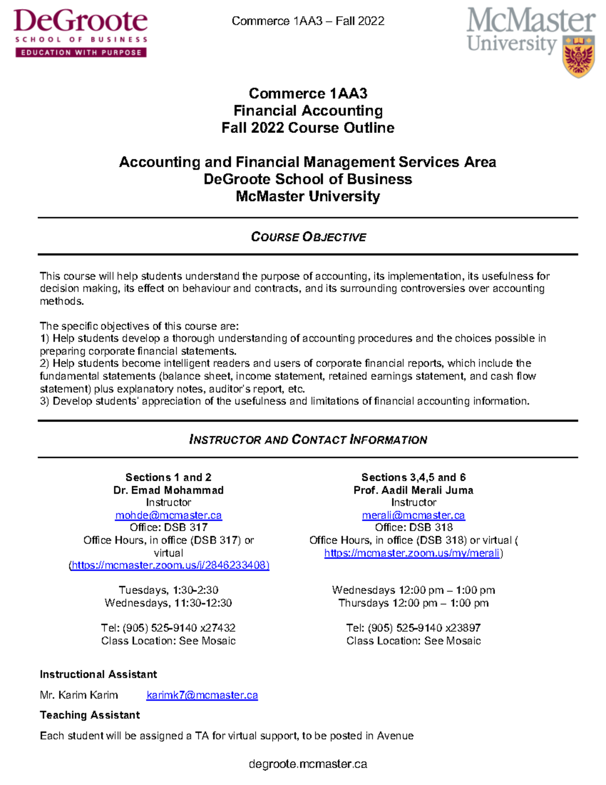 Commerce 1AA3 Course Outline Fall 2022 - Commerce 1AA Financial ...