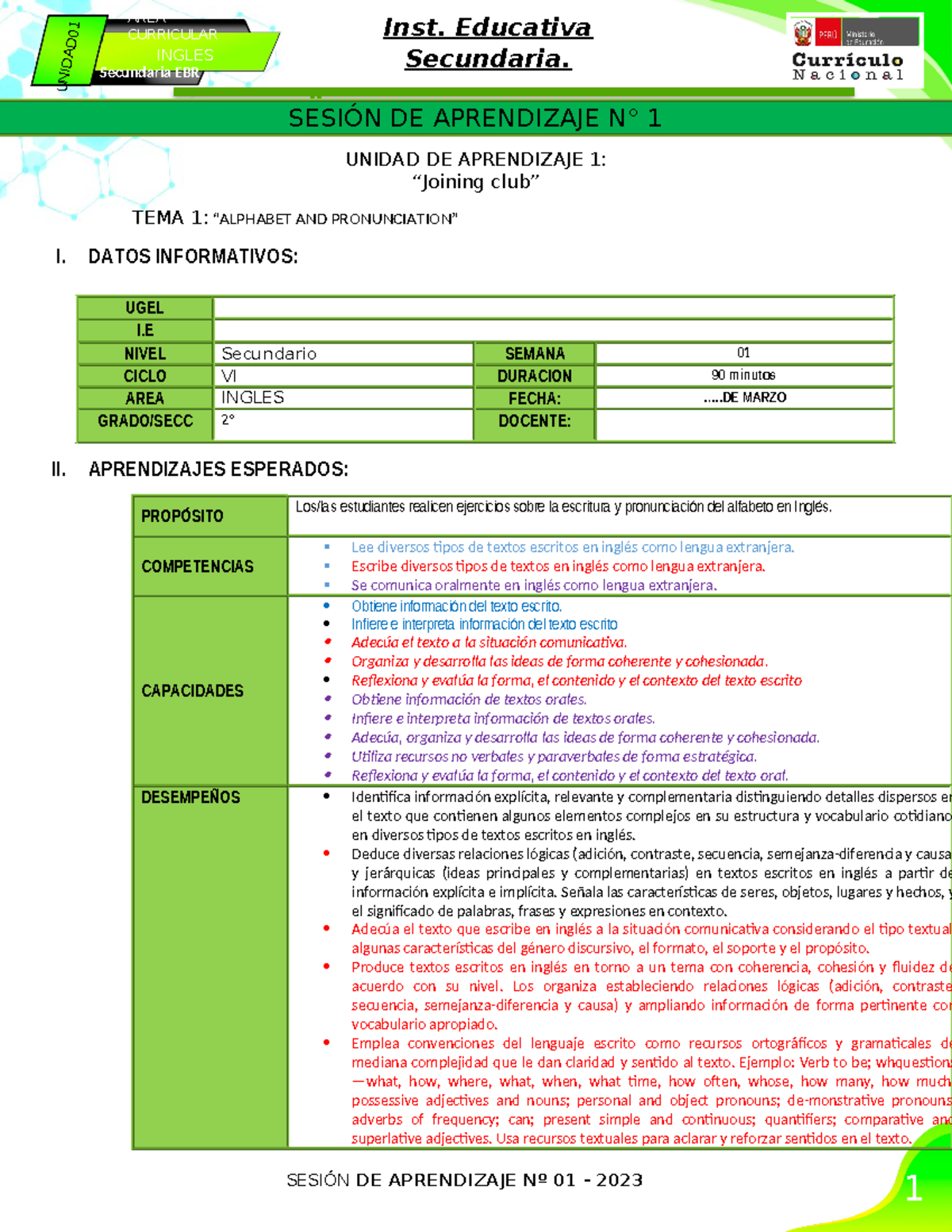 2º Sesion-SEM 01- Unidad 01 2023 - ####### INGLES UNIDAD ####### Secundaria EBR CURRICULAR Inst ...