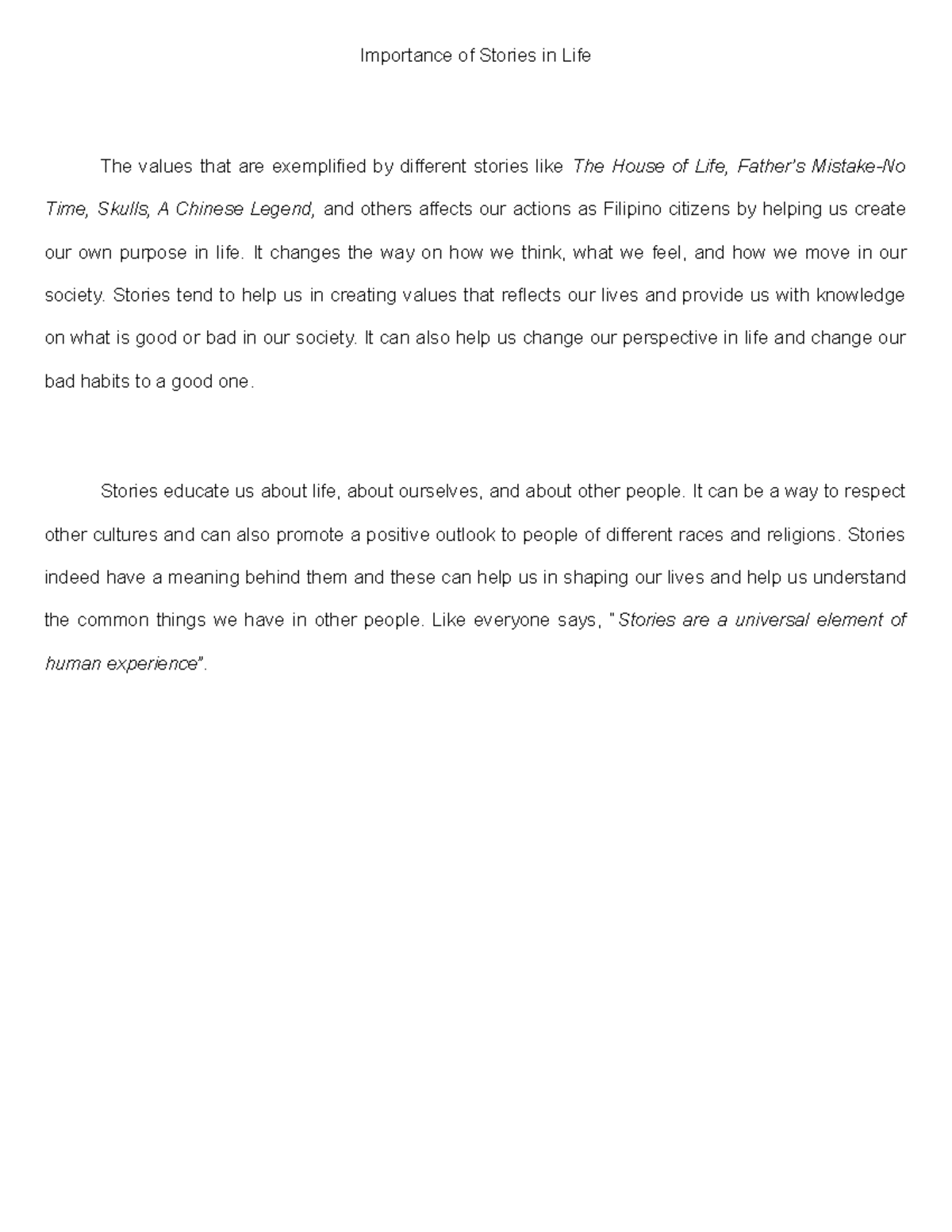 Essay 5rgarESHBswahbswrahn - Importance of Stories in Life The values ...