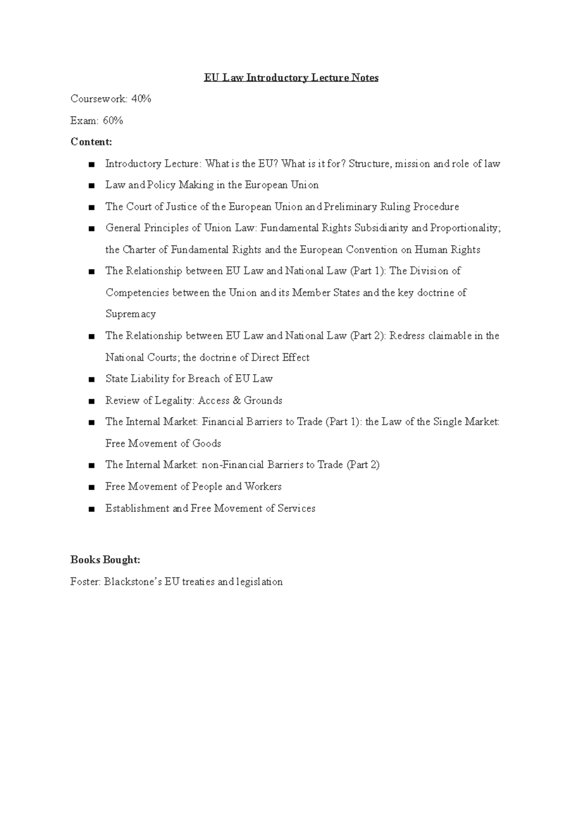 EU Law Module Content Summary - EU Law Introductory Lecture Notes ...