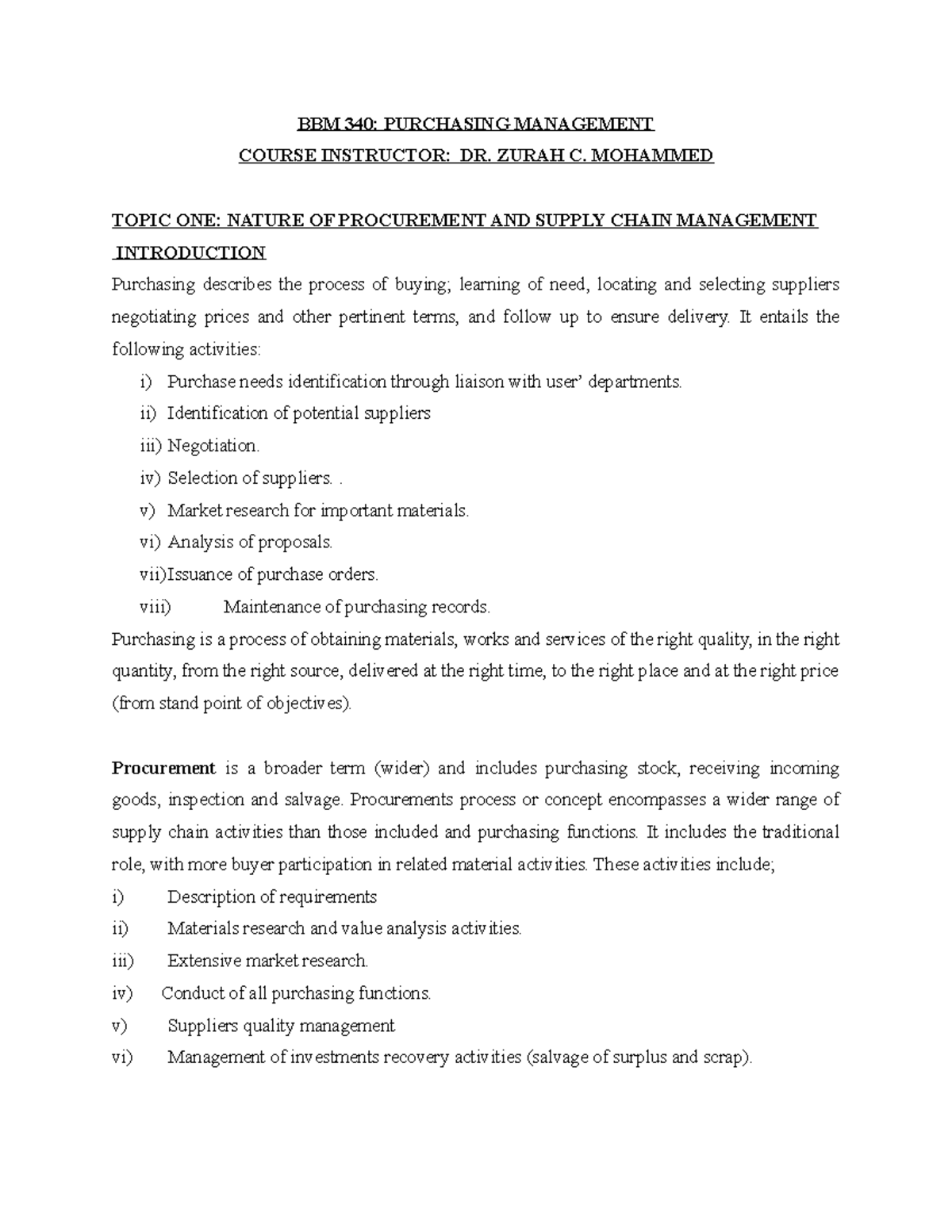 BBM 340 Purchasing MGT- for business management - BBM 340: PURCHASING ...