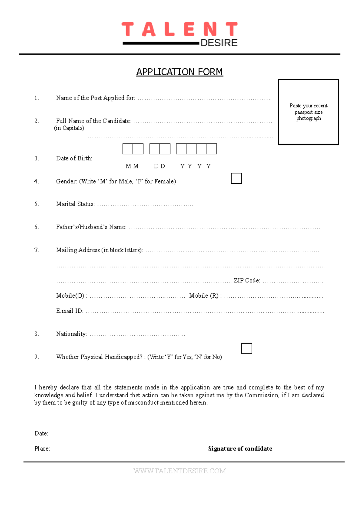 Offline Application Form For Work At Home - APPLICATION FORM Name of ...