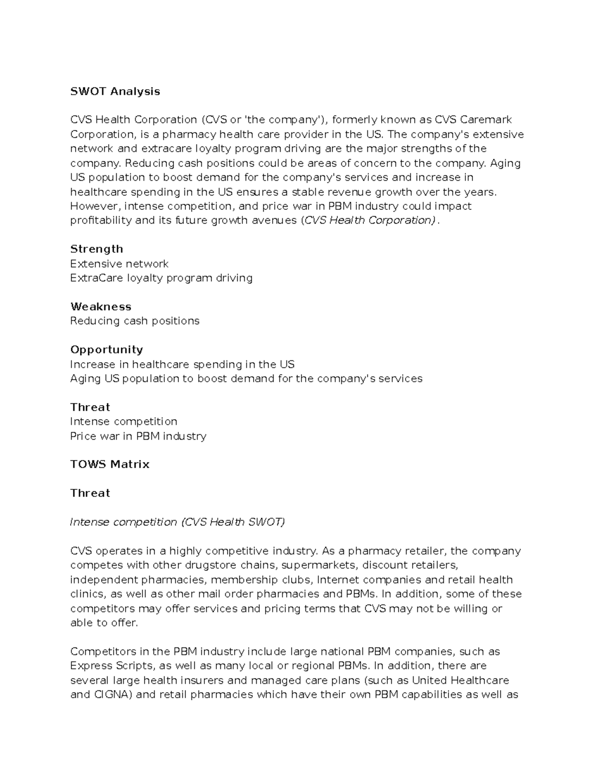 CRA SWOT - Grade: A - SWOT Analysis CVS Health Corporation (CVS or 'the ...