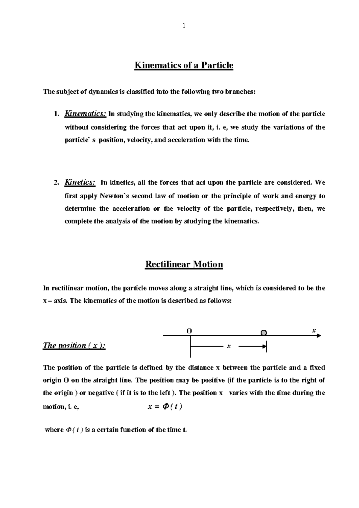 Lec1 - Lecture notes 1 - Kinematics of a Particle The subject of ...