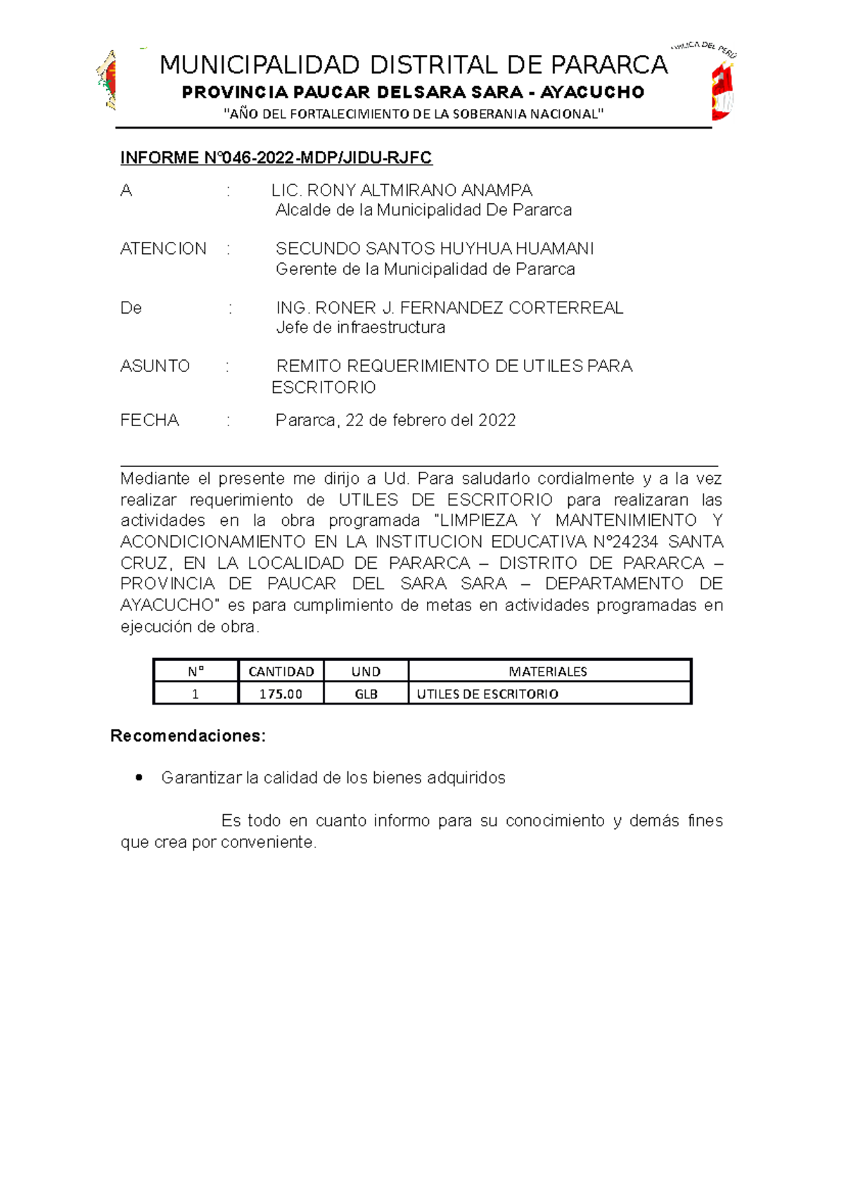 Informe N° Utiles DE Escritorio - MUNICIPALIDAD DISTRITAL DE PARARCA ...