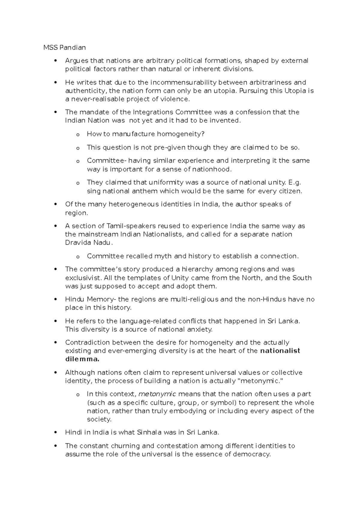 History 5 - MSS Pandian - MSS Pandian Argues that nations are arbitrary ...