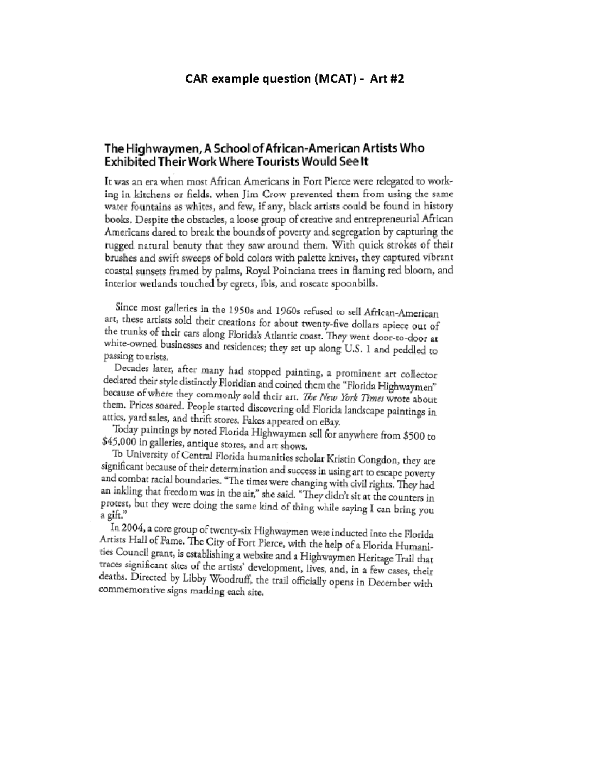 CARS Question - Art 2 - GEY4612 - CAR example question (MCAT) - Art ...