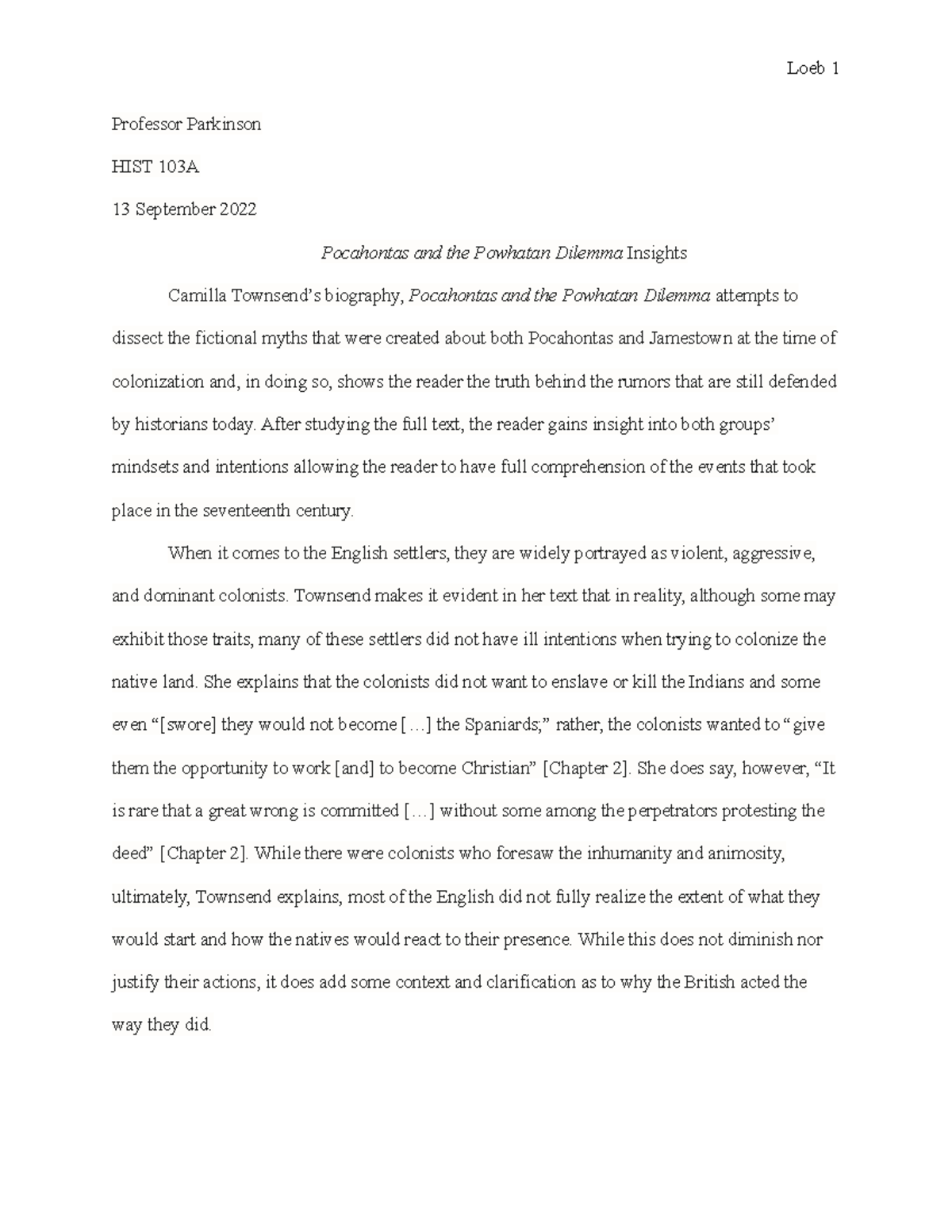 Pocahontas and the Powhatan Dilemma Insights - Loeb 1 Professor ...