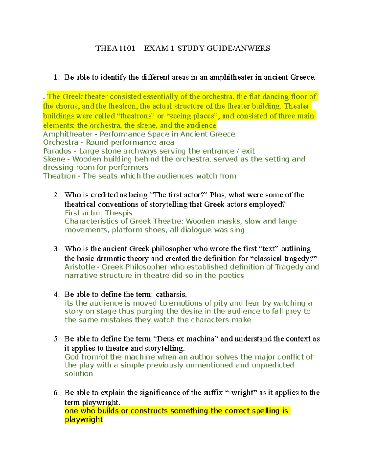 THEA EXAM 1 yadayadayadaydaa - THEA 1101 – EXAM 1 STUDY GUIDE/ANWERS 1 ...