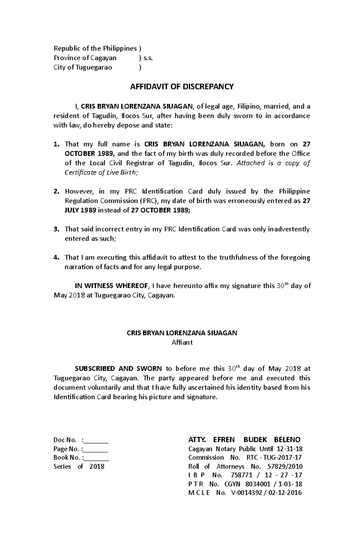 Aff of discrepancy date of birth Lorenzana Siuagan - Republic of the ...