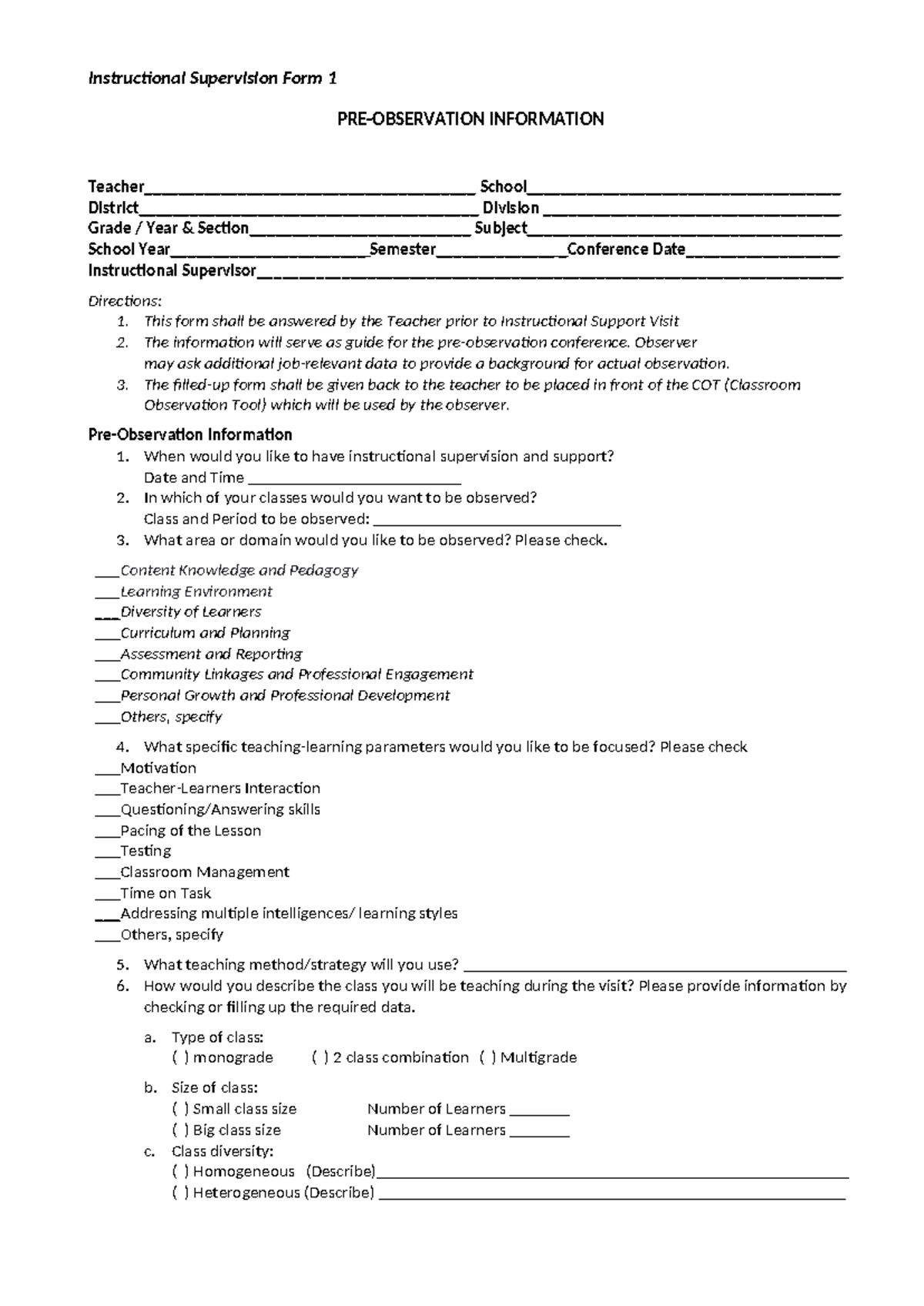 PRE Observation FROM POST Observation FORM - Instructional Supervision ...