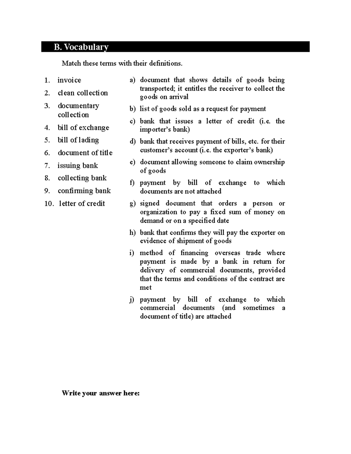 Unit 4 - unit 4 - international trade payment - B. Vocabulary Match ...