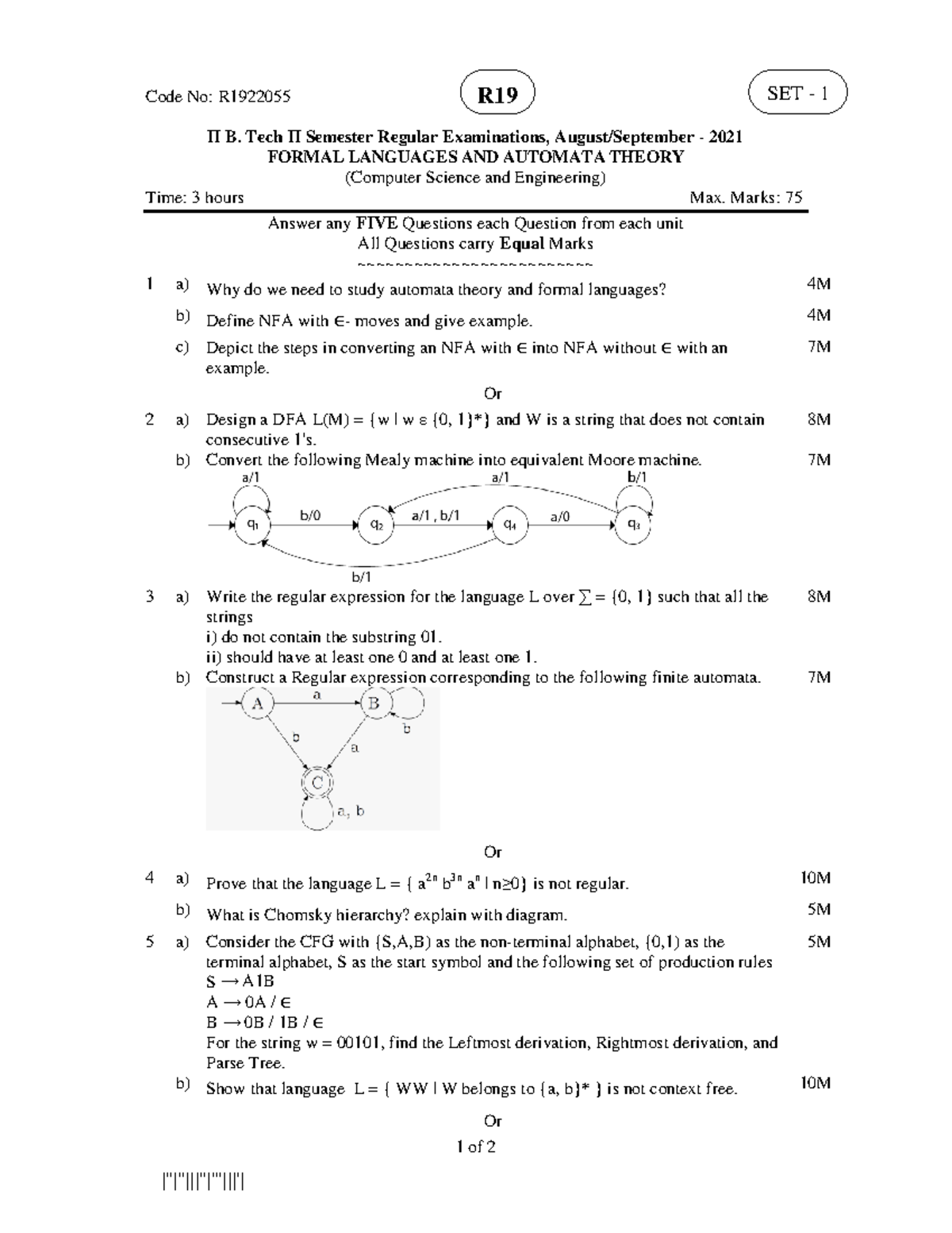 Formal Languages AND Automata Theory R19 AUG 2021 - |''|''|||''|'''|||'| Code No: R II B. Tech ...