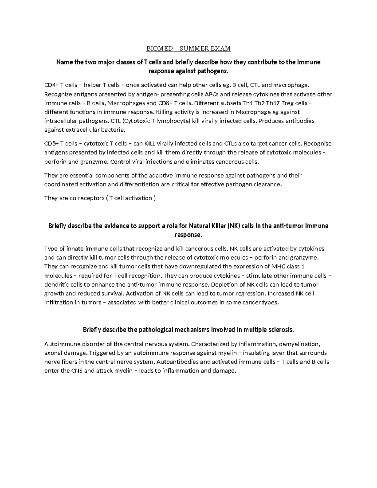 Biomed Summer EXAM Notes - BIOMED – SUMMER EXAM Name the two major ...