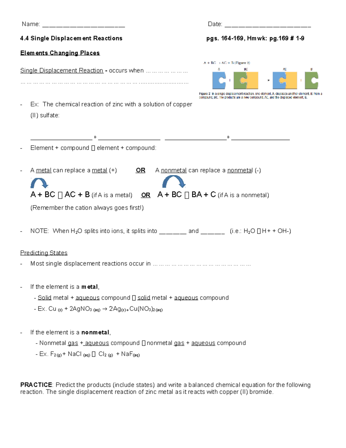 4.4 Single Displacement Reactions 2022 - Name: ________________________ Date: - Studocu