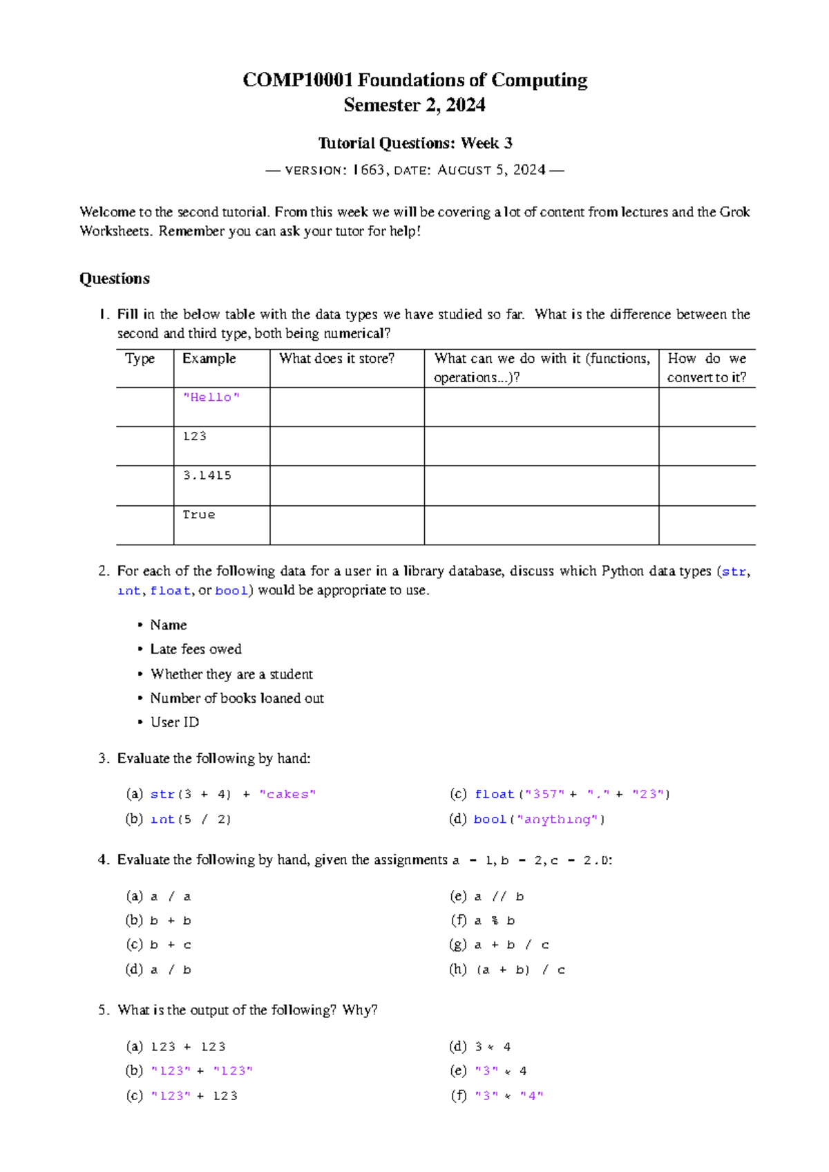 Tutesheet-week3 - tut sheet - COMP10001 Foundations of Computing ...