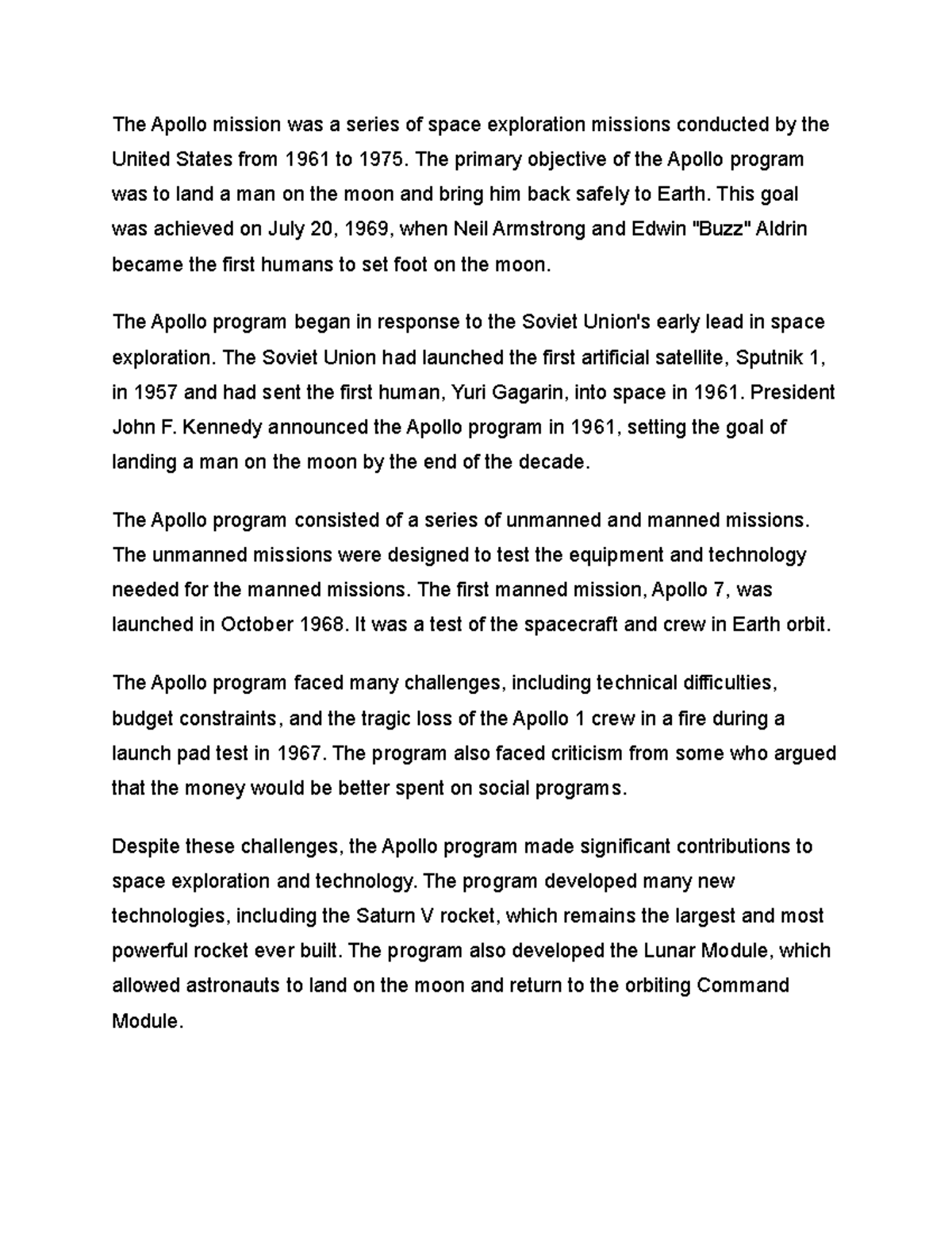 Studoc-2 - Class notes - The Apollo mission was a series of space ...