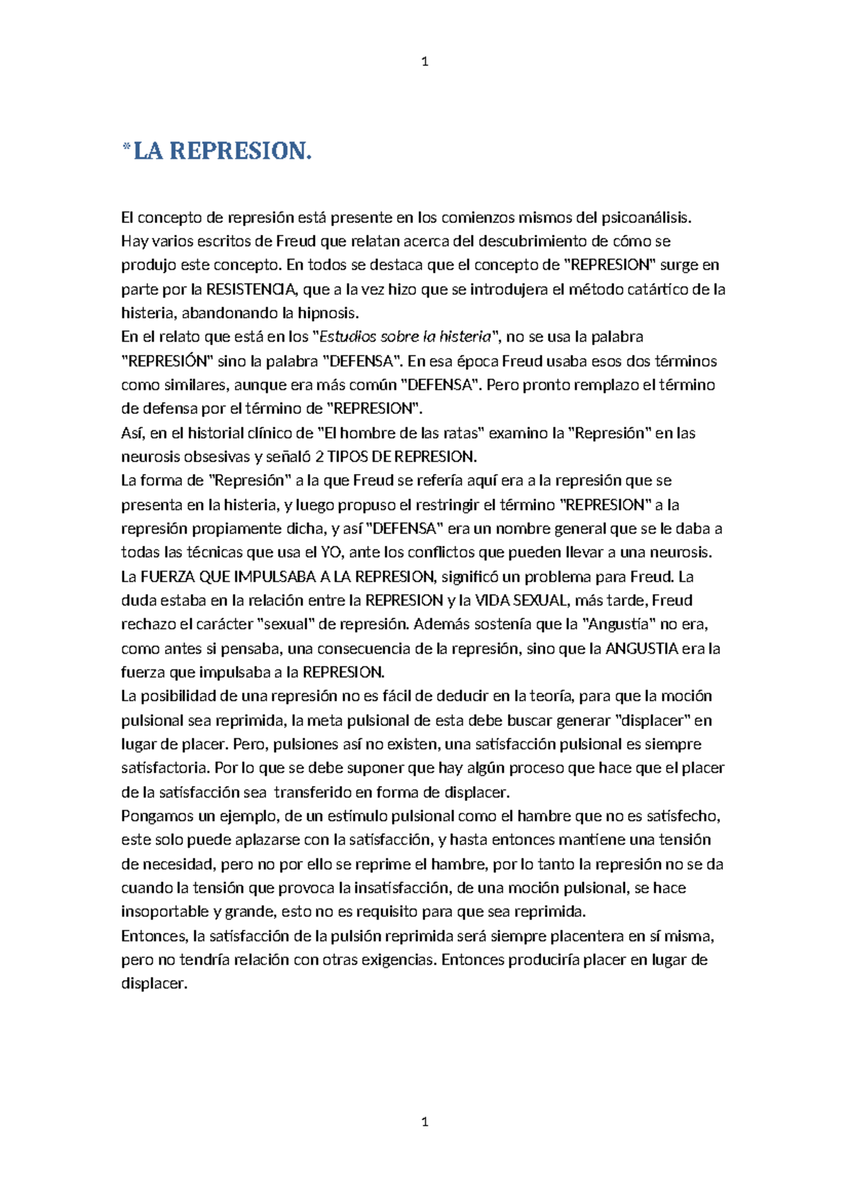 La represion - Resumen - *LA REPRESION. El concepto de represión está ...