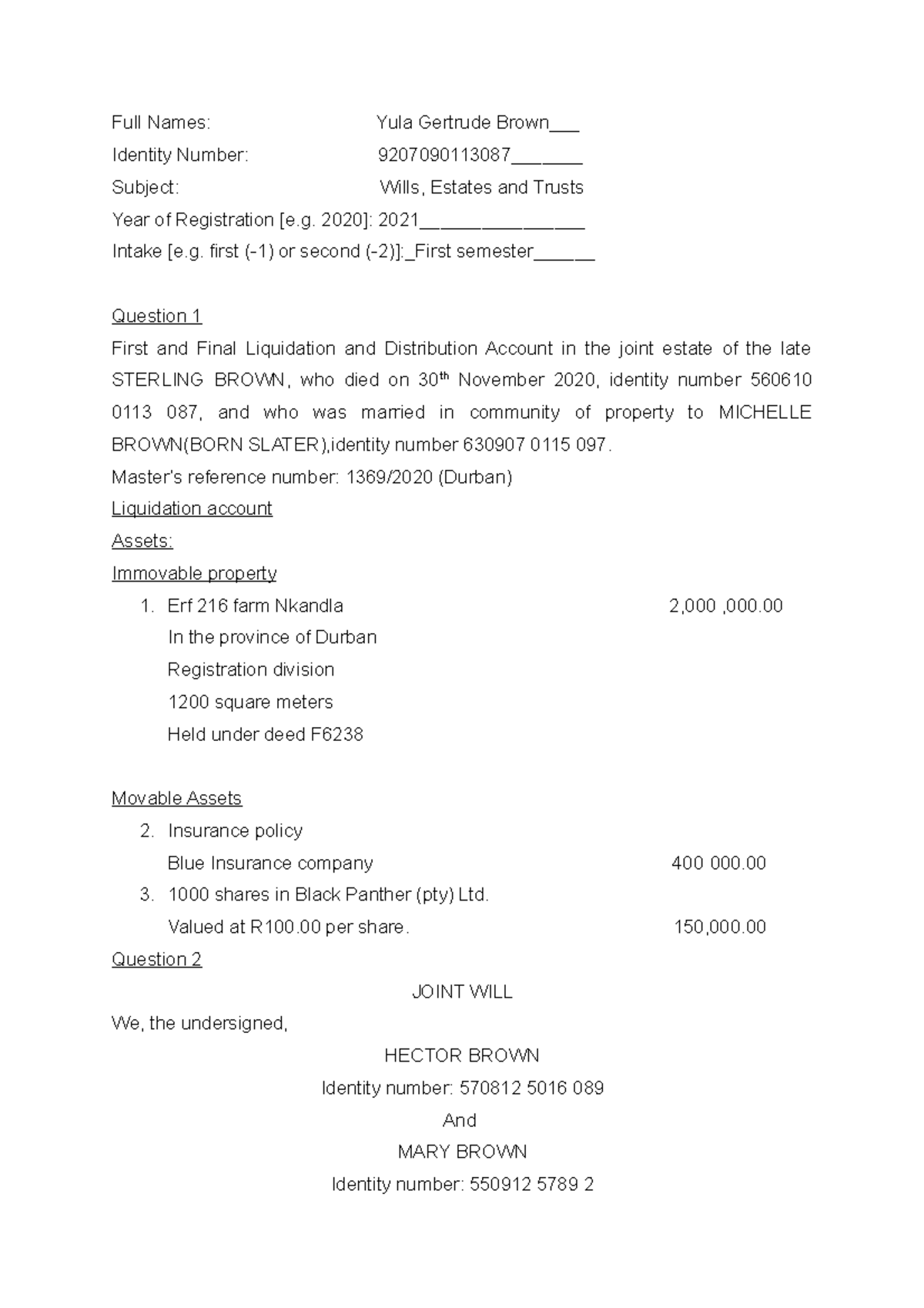 WET exam answer - Full Names: Yula Gertrude Brown___ Identity Number ...