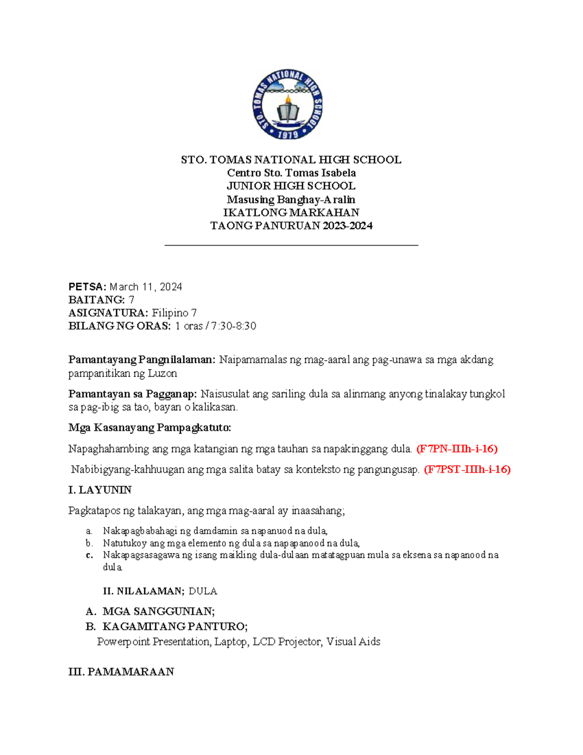 G-7 DULA - GOOD LUCK - PETSA: March 11, 2024 BAITANG: 7 ASIGNATURA ...