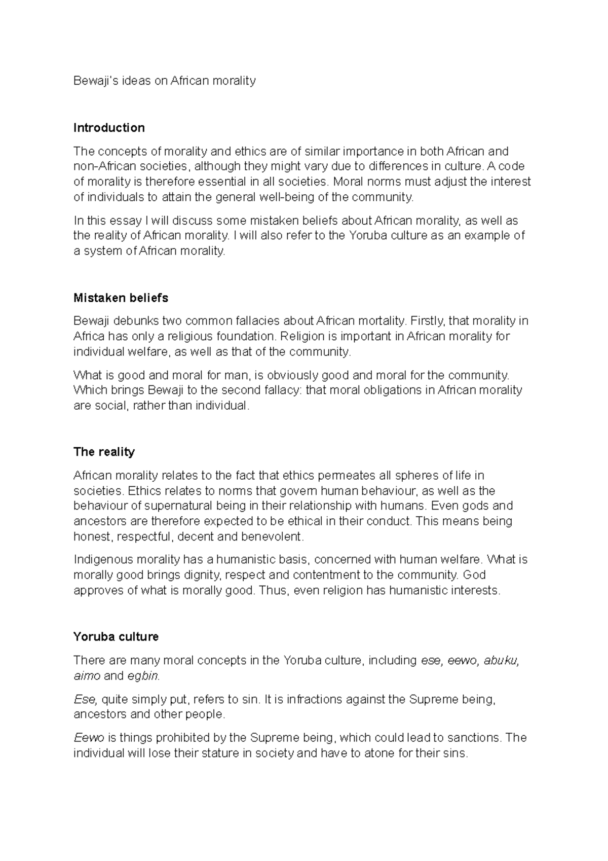 Bewaji's ideas on African morality essay - Bewaji’s ideas on African ...