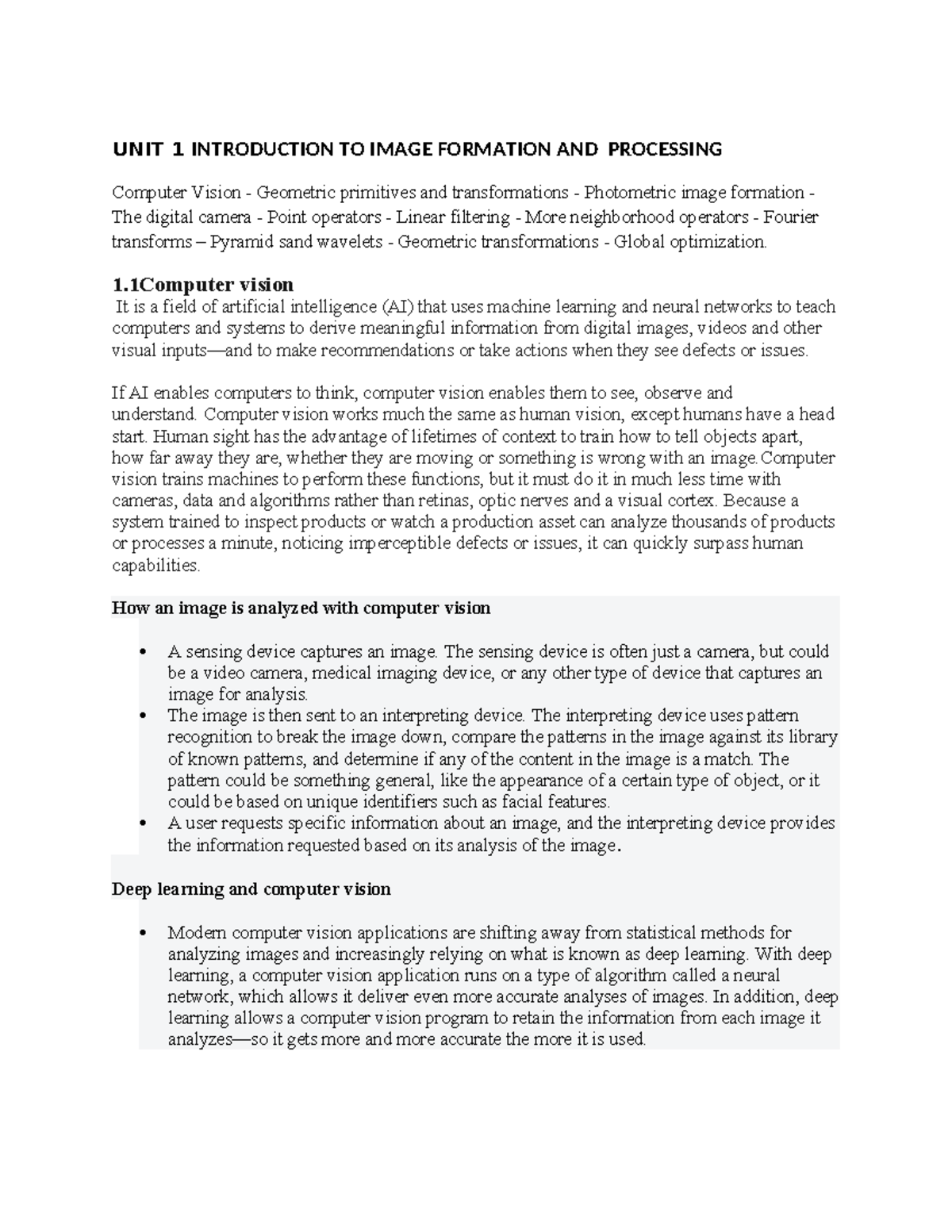 Cv unit 1 - FGR - UNIT 1 INTRODUCTION TO IMAGE FORMATION AND PROCESSING Computer Vision ...