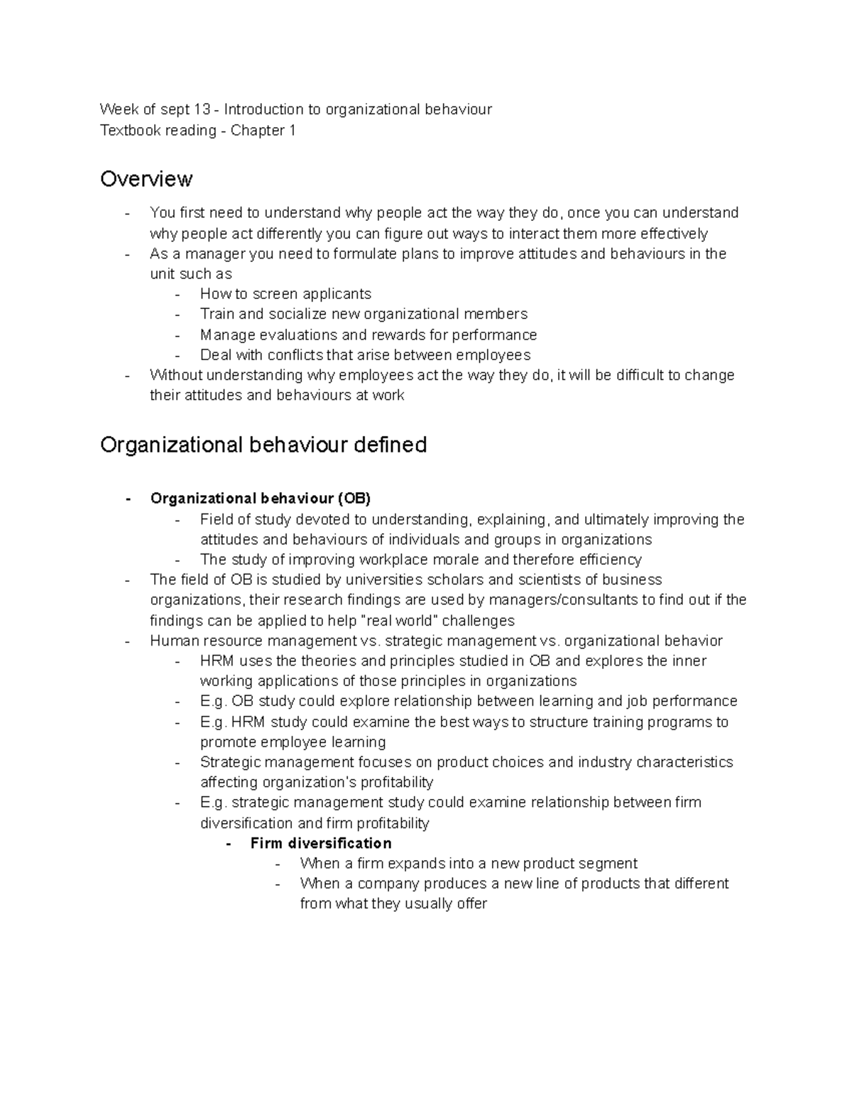 Chapter 1 - Introduction to organizational behaviour - Week of sept 13 ...
