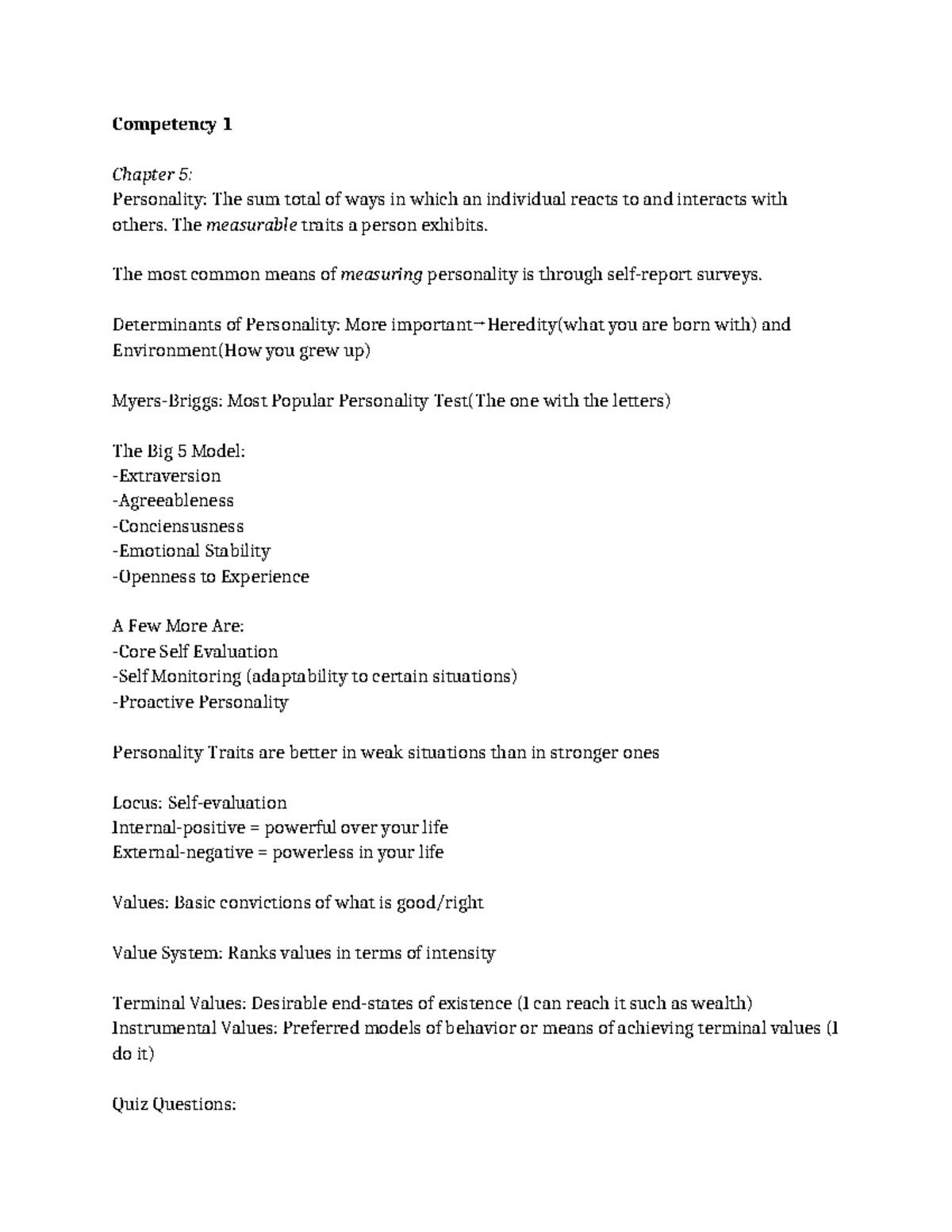 Organizational Behavior - C715 - Competency 1 Chapter 5: Personality ...