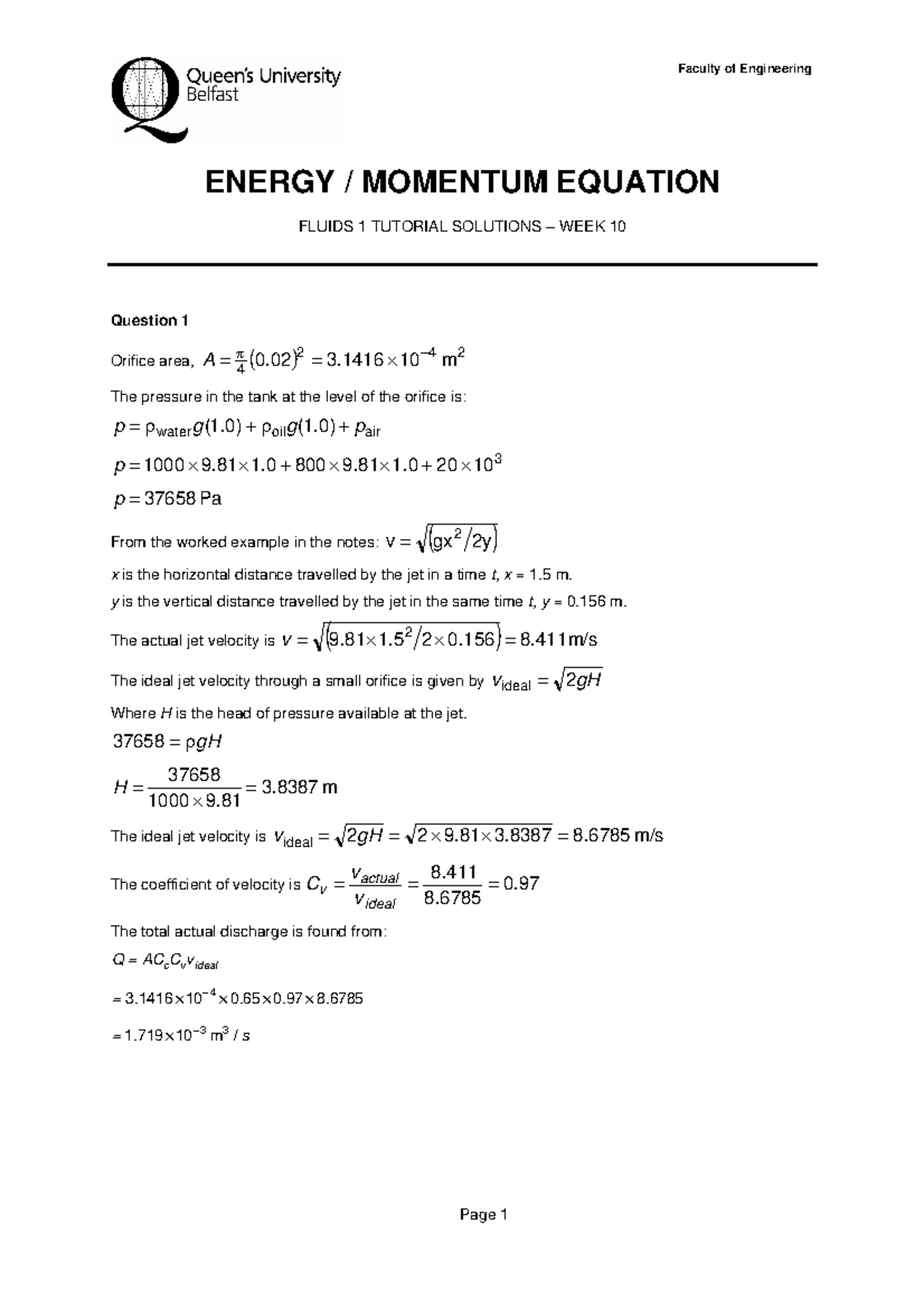 Tutorial Solutions - Week 10 - Energy - Mom. Eqn - ENERGY / MOMENTUM ...