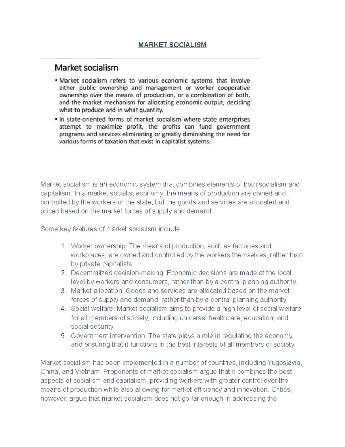 Market Socialism - MARKET SOCIALISM Market socialism is an economic ...