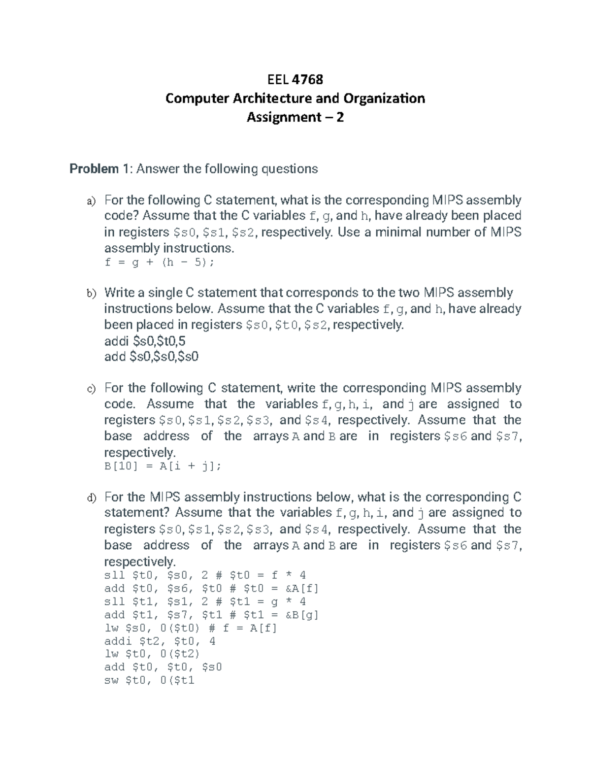 Assignment 2 Homework Eel 4768 Computer Architecture And Organiza