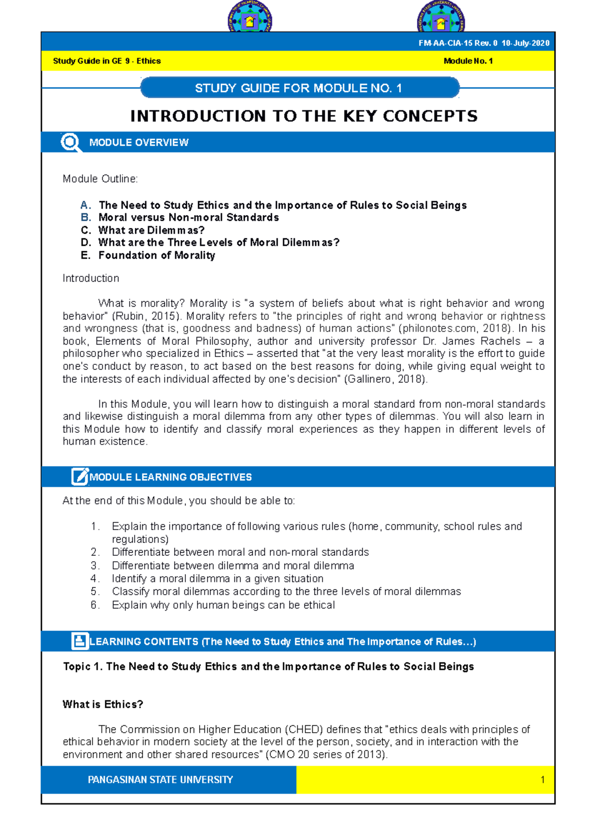 Ethics-Study-Guide-for-Module-1-ISO 09052020 - INTRODUCTION TO THE KEY CONCEPTS MODULE OVERVIEW ...