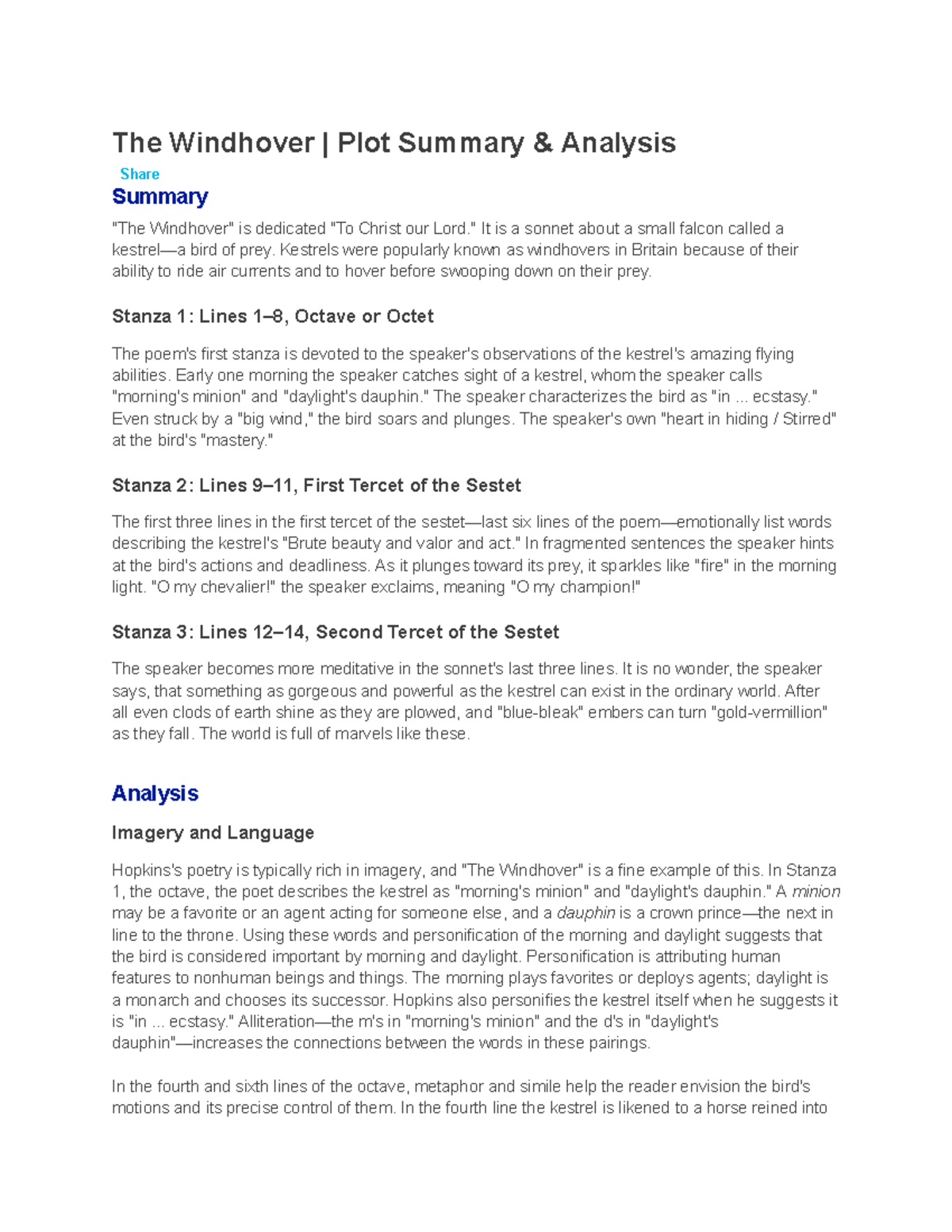 The Windhover Plot Summary & Analysis - The Windhover | Plot Summary ...