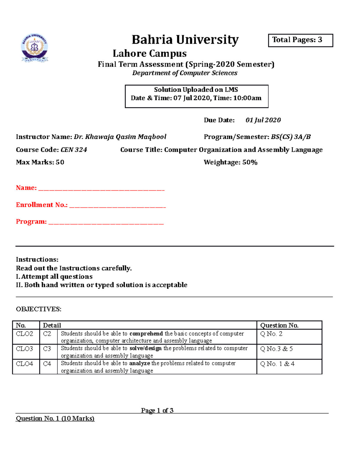 Final 26 June 2020 - Bahria University Lahore Campus Final Term ...