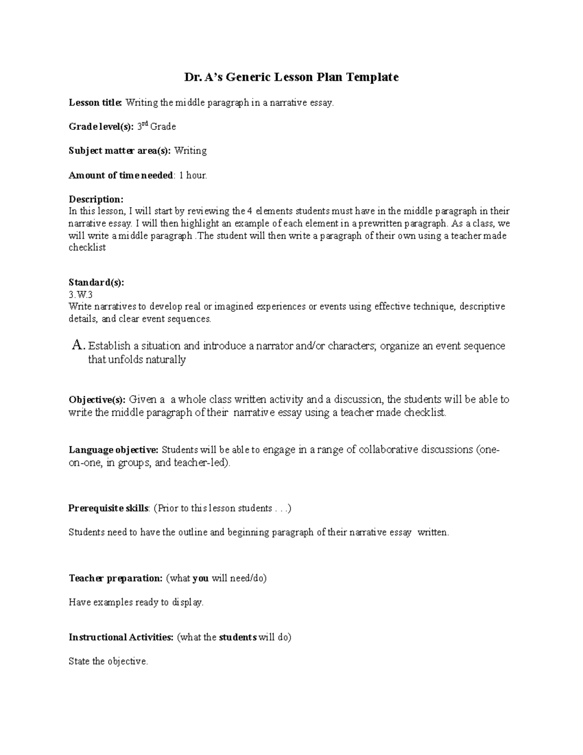 Wrting lesson plan - Dr. A’s Generic Lesson Plan Template Lesson title ...