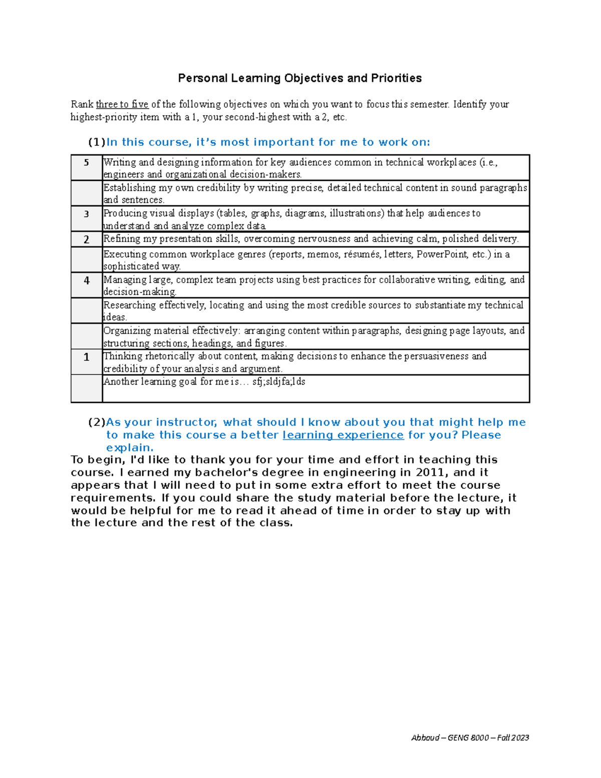 Personal Learning Objectives - F23 - Personal Learning Objectives and ...