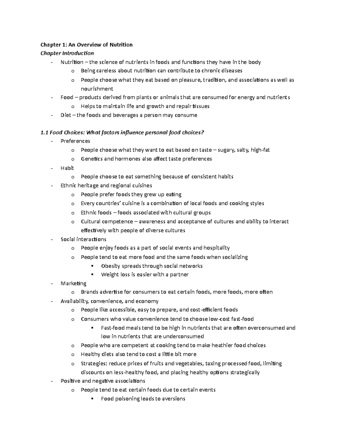 NFS Chapter 1 Book Notes - Chapter 1: An Overview of Nutrition Chapter ...