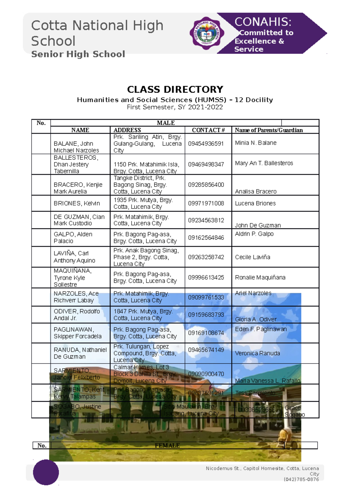 Class Directory- Humss Docility v1 - CONAHIS: Cotta National High ...