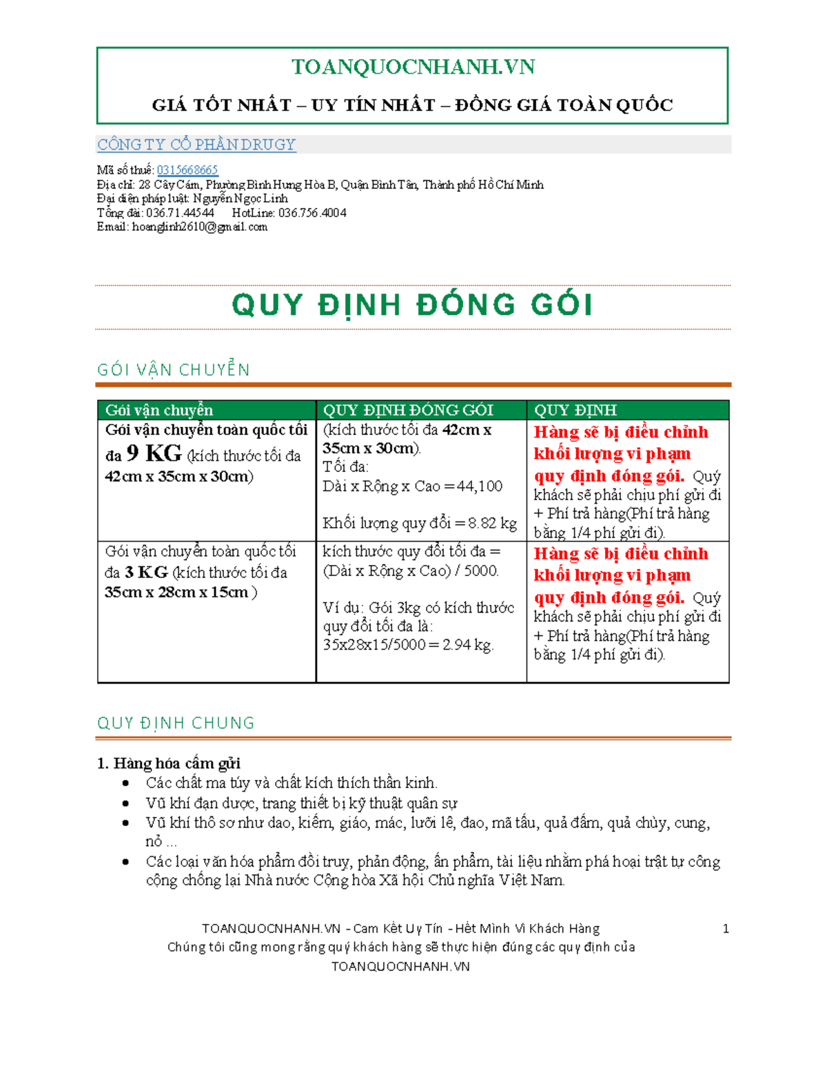 Quy dinh dong goi - jfgd - CÔNG TY CỔ PHẦN DRUGY Mã số thuế: 0315668665 ...