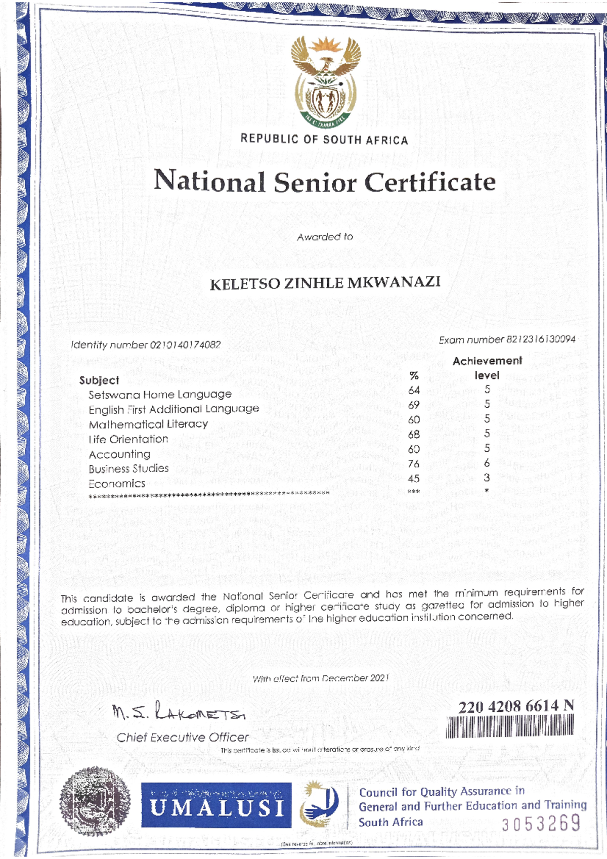 Matric certificate - Learning - REPUBLIC OF SOUTH AFRICA National ...