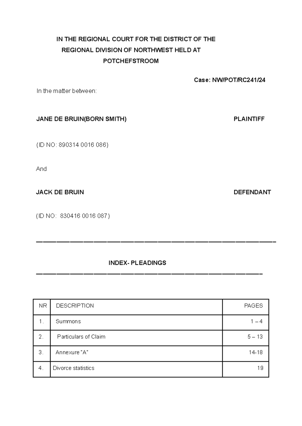 Index Pleadings - For extra practice purposes - IN THE REGIONAL COURT ...