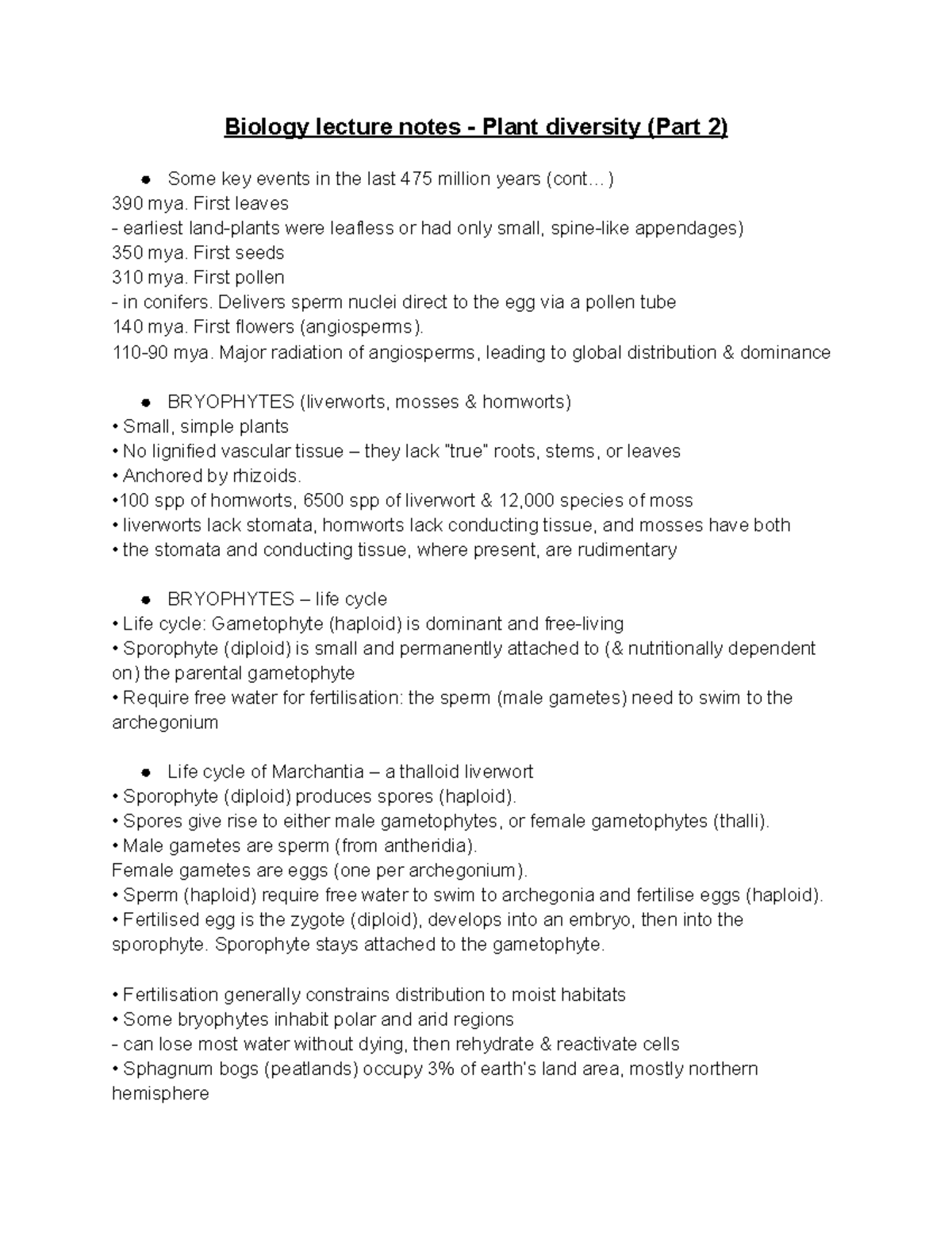 Biology lecture notes - Plant diversity (Part 2) - ..) 390 mya. First ...