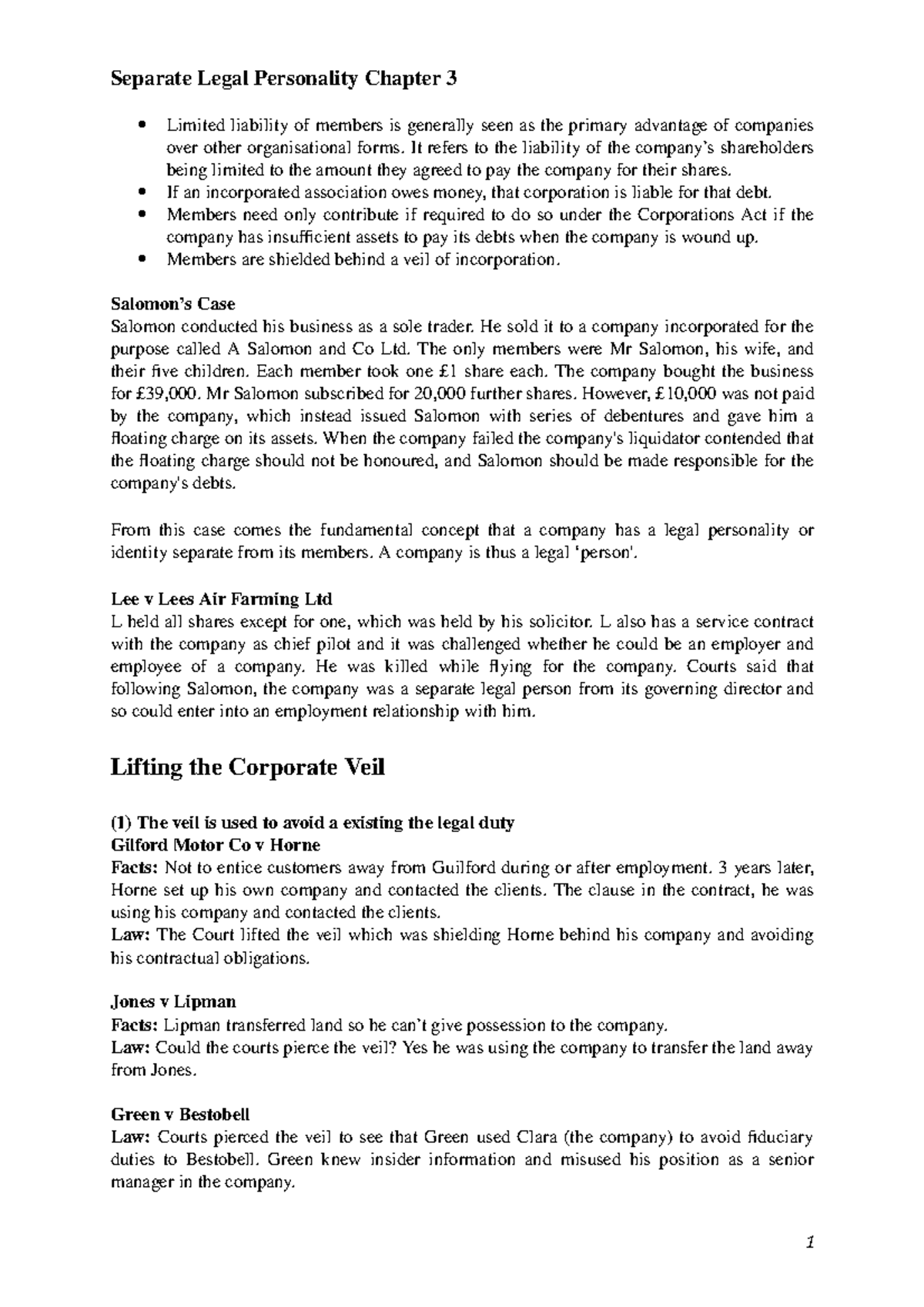 Lobo notes part 2 1 - Separate Legal Personality Chapter 3 Limited ...